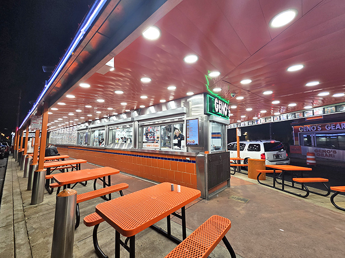 The outdoor seating area glows like a cheesesteak spaceship that landed in South Philly. At night, it's visible from the stratosphere&mdash;or at least from I-95.