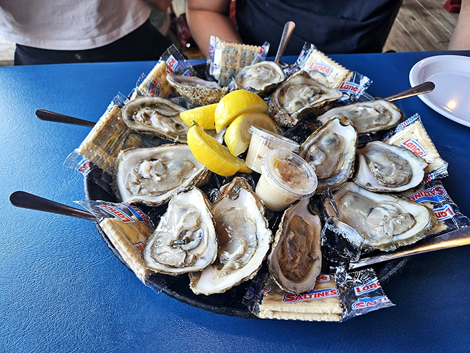 Oysters so fresh they practically wink at you. Served on a bed of ice with lemon wedges standing by for their supporting role.