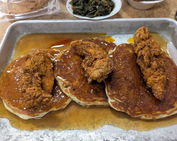 Pancakes and chicken tenders&mdash;proof that breakfast and dinner can coexist beautifully on one glorious, syrup-drenched plate.
