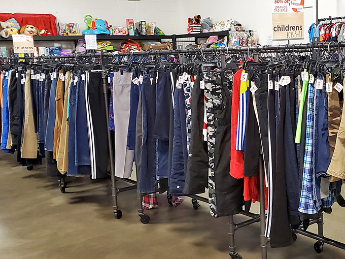 The pants section: where denim dreams come true. Every pair hanging here represents both a bargain and a reduced carbon footprint.