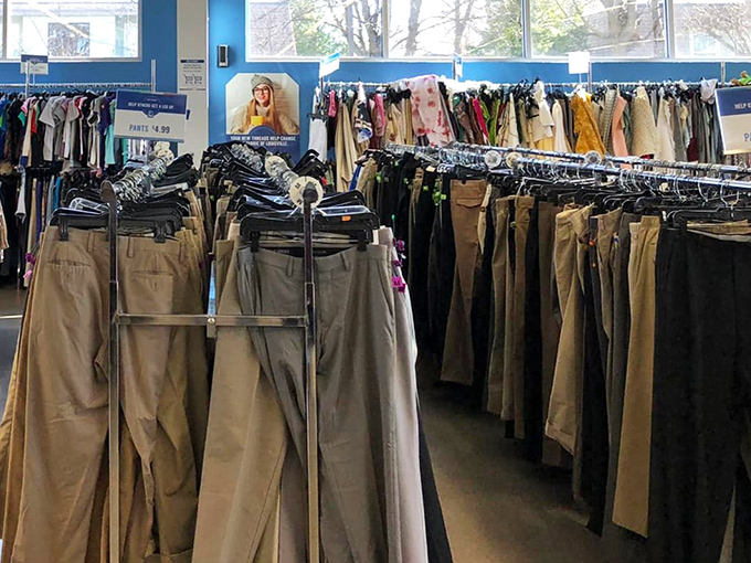 The men's pants section: where khakis of all shades stand at attention, waiting for their chance to become someone's "lucky interview pants."