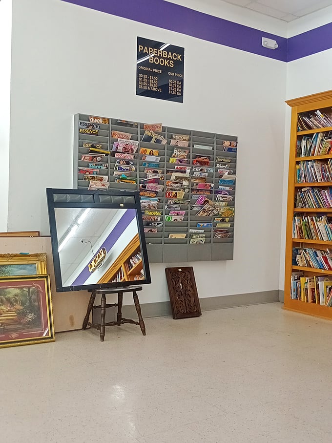 The magazine rack offers a time capsule of glossy nostalgia, while a mirror waits to reflect your "should I buy this?" contemplation.