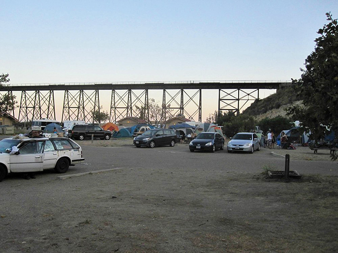 As evening settles over Gaviota's campground, the trestle silhouette creates a backdrop worthy of a vintage California tourism poster.