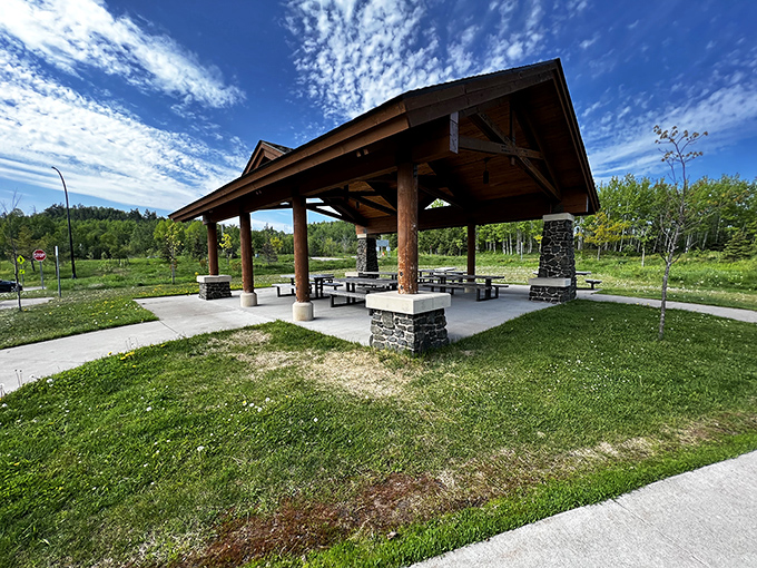 Picnic pavilion perfection! Where PB&J sandwiches somehow taste like gourmet cuisine when enjoyed under this rustic North Shore shelter.