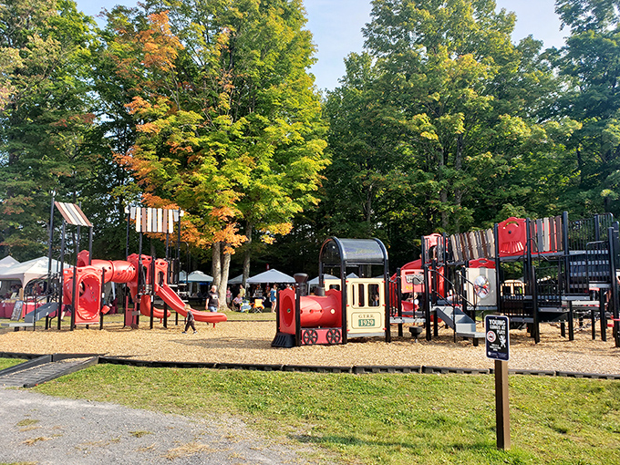 Not your average playground! These train-themed structures let kids conduct their own adventures while parents enjoy a locomotive break.