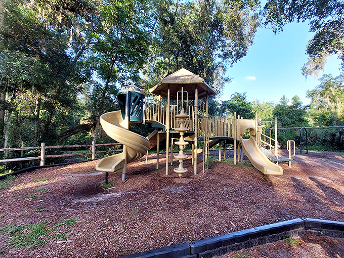 A playground nestled in paradise, where kids can slide while parents pretend they're not jealous of the fun.