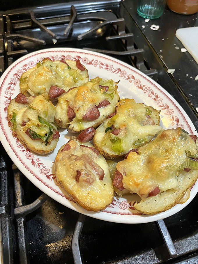 Potato boats loaded with kielbasa and cheese – like twice-baked potatoes that went to finishing school in Warsaw.