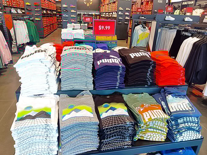 A rainbow of Puma shirts stacked like a fashionable layer cake. At these prices, resistance is futile.