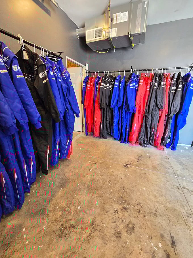 Racing suits hanging like superhero costumes waiting for their next adventure. Put one on and instantly gain 50 horsepower&mdash;in confidence, at least.