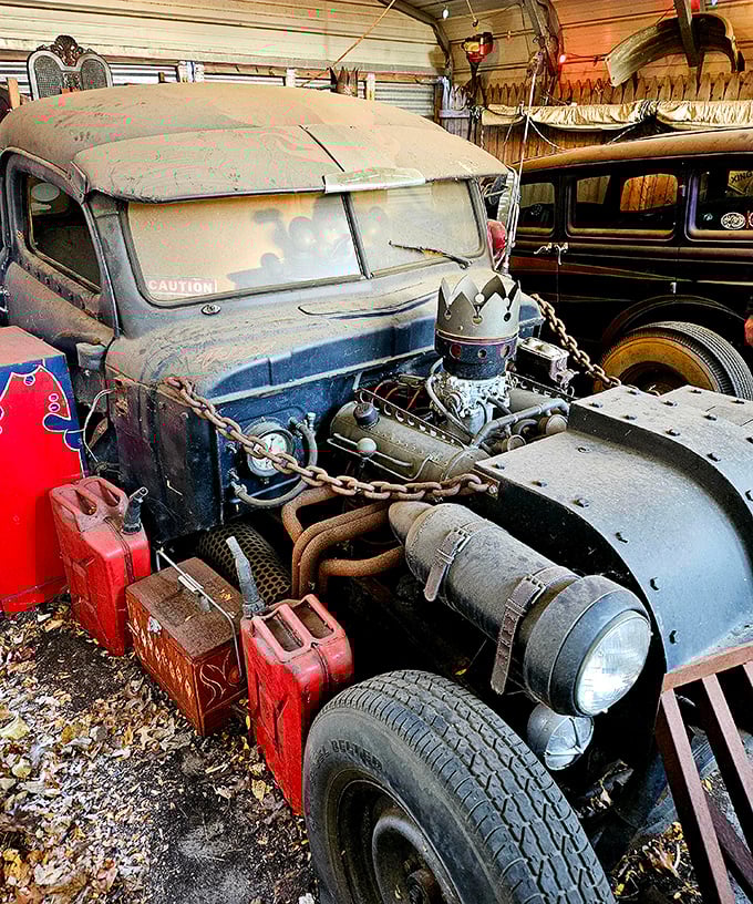 Even the garage houses curiosities - this rat rod looks like it drove straight out of a post-apocalyptic road movie.