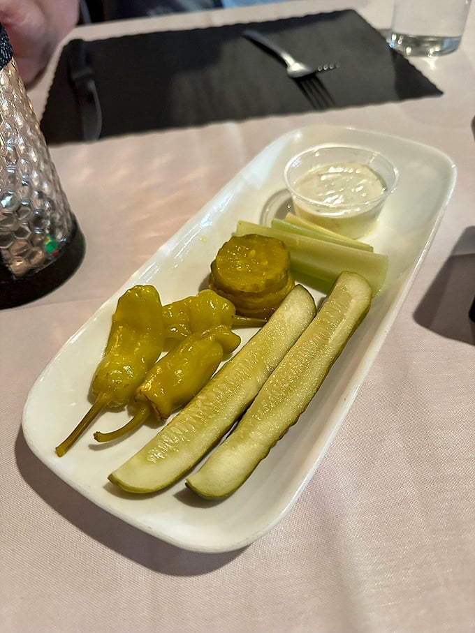 The relish tray arrives like an ambassador from simpler times&mdash;pickles, peppers, and celery sticks with a side of nostalgia.