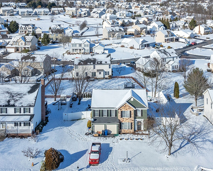 Snow-covered rooftops create a patchwork quilt across Gettysburg's residential neighborhoods, where modern life continues against a backdrop of profound history.