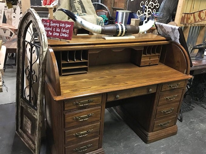 This roll-top desk has seen more secrets than a small-town banker&mdash;just imagine the letters written and bills paid at this magnificent wooden command center.