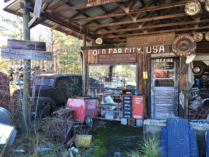 The nerve center of this automotive afterlife. The rustic office building serves as gatekeeper to 34 acres of mechanical memories and rusted dreams.