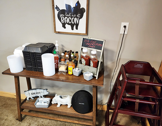 "You had me at bacon"&mdash;the wall art speaks truth while the sauce station stands ready to customize your BBQ experience with various levels of tang and heat.