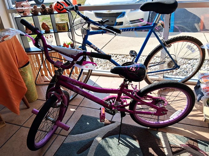 Bicycles waiting for their next adventure. That pink one has "summer memories in the making" written all over its handlebars.