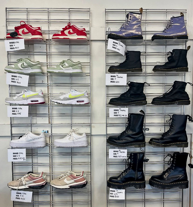 Shoe heaven, organized with military precision. Those Doc Martens have stories to tell, while the Nikes are ready to write new ones.