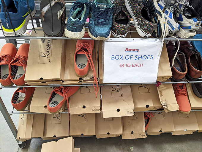 Shoe boxes stacked like apartment buildings in a tiny metropolis of footwear. Each one a $4.95 opportunity for reinvention.
