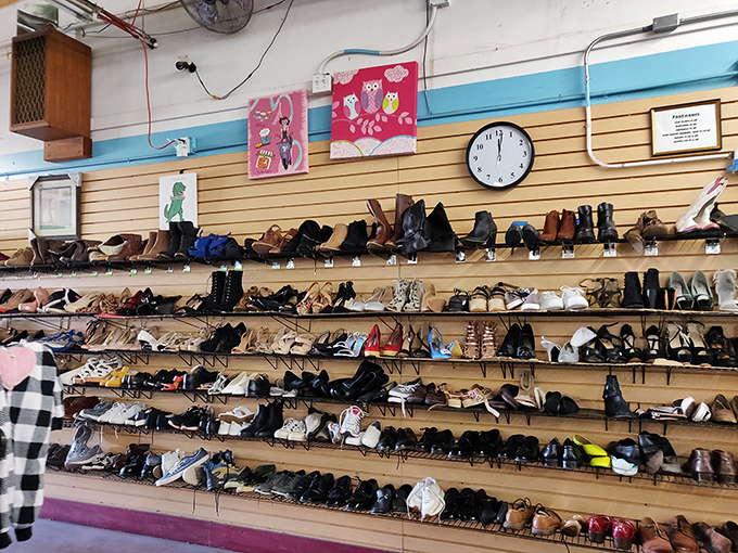 The wall of shoes tells a thousand stories &ndash; each pair waiting for new adventures with fresh feet and second chances.