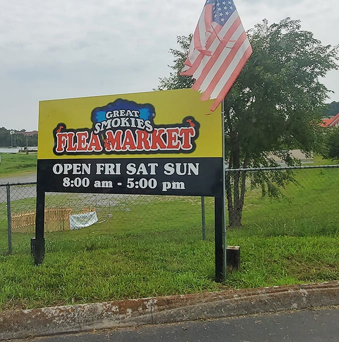 The iconic yellow and red sign promises weekend treasure hunting from 8 to 5&mdash;the happiest hours in bargain-hunter time.