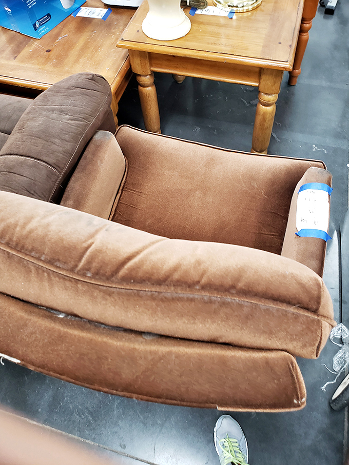 This velvet sofa has seen some living rooms in its day. Now it waits patiently for its second act in someone's first apartment.