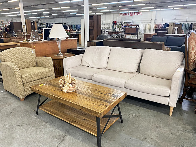 Mid-century meets modern in this furniture vignette, where that pristine cream sofa is just waiting for its second act in your living room.