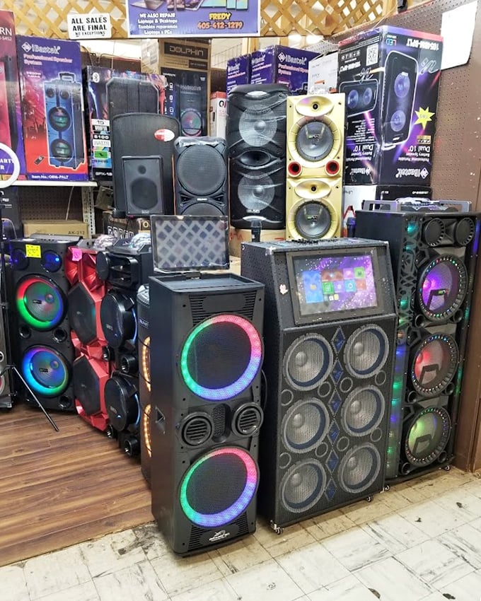 Speaker city! These towering audio behemoths promise to turn any modest living room into the neighborhood's most complained-about dance club. 