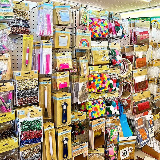 Craft and stationery supplies exploding with creativity potential, proving artistic expression doesn't require luxury brand investments.