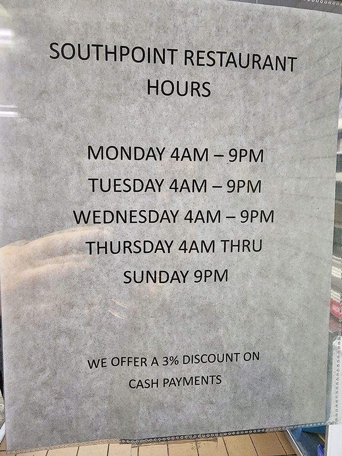 Hours that start at 4AM? These folks understand the sacred relationship between early risers and breakfast. A 3% cash discount is just bonus wisdom. 