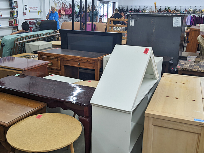 Furniture purgatory: these tables and desks are between homes, silently hoping you'll see their potential beyond a few scratches and dings.