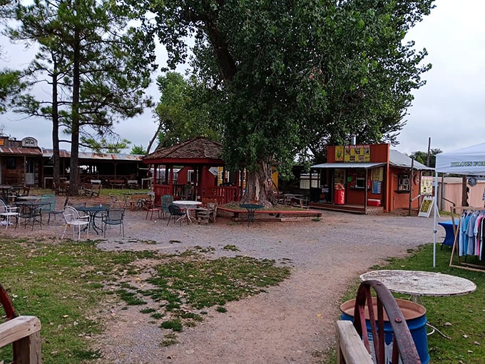 The heart of Mary's social scene. These simple outdoor tables create an oasis where shoppers refuel, regroup, and share their latest discoveries.