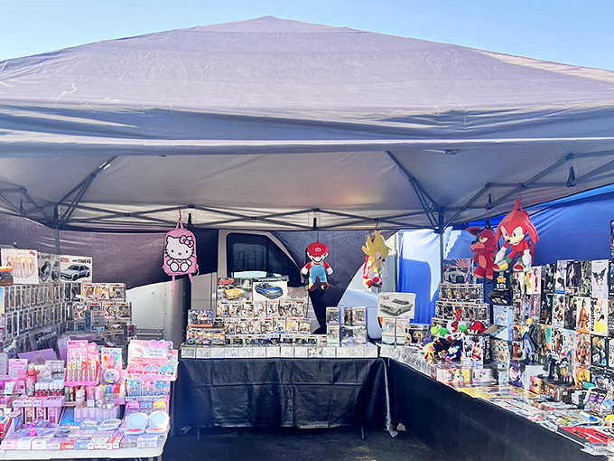 A pop culture collector's dream stall, where nostalgic characters stand guard over treasures that bridge generations of toy enthusiasts.