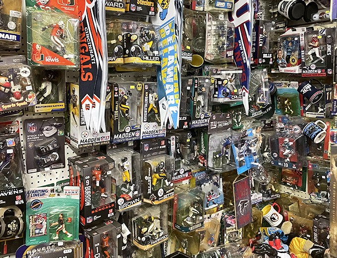 Action figures and collectibles create miniature worlds where childhood dreams meet adult disposable income with surprising harmony.