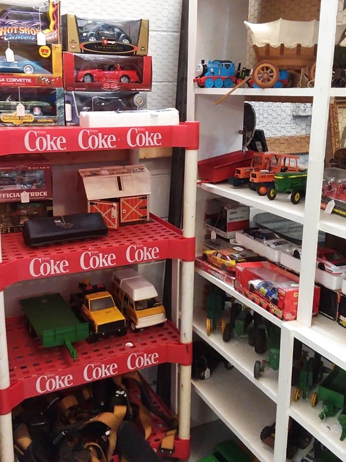 Vintage toys that would make any collector's heart race. Those Coca-Cola shelves hold childhood memories for sale&mdash;no batteries required.