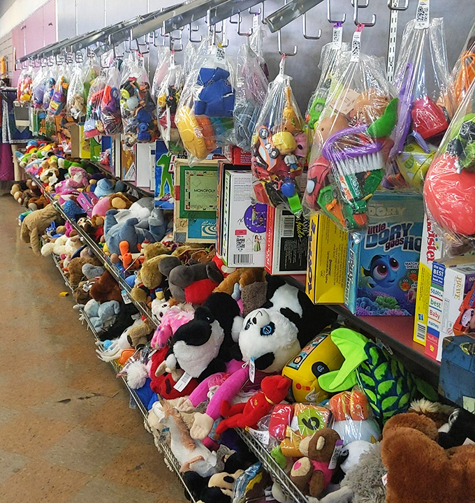 A plush menagerie awaits adoption, each stuffed animal silently promising to be the least expensive therapy you'll ever find.