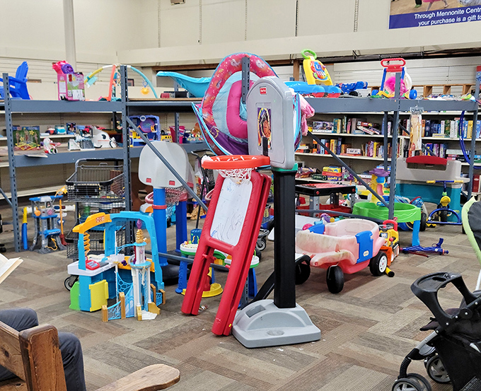 A colorful playground of gently-loved toys awaits young adventurers. That basketball hoop probably has a few championship games left in its future.