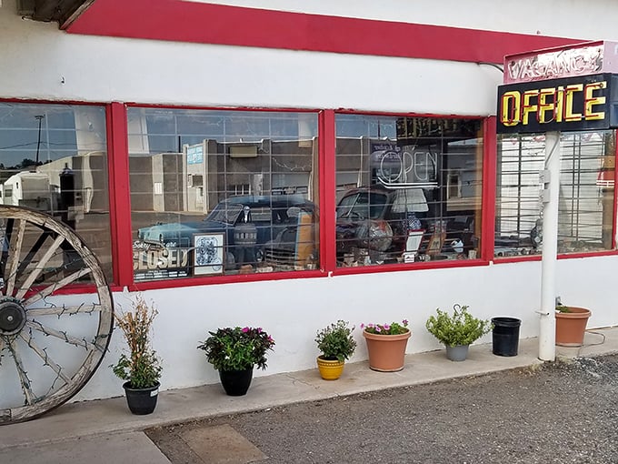 The office's red-trimmed windows and potted plants offer a cheerful welcome to weary travelers seeking unconventional accommodations.