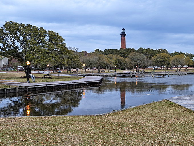 Even from a distance, the lighthouse commands attention, its reflection in the water creating a perfect postcard moment that no filter could improve.