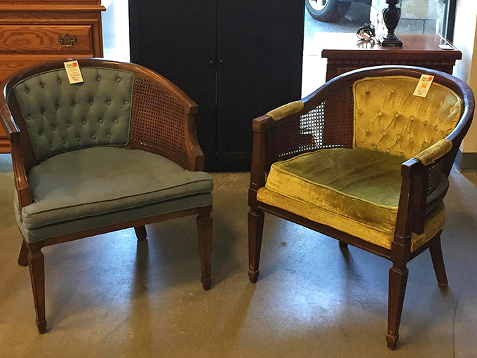 These vintage cane barrel chairs&mdash;one sage, one mustard&mdash;are like the Thelma and Louise of seating. Sophisticated, slightly rebellious, and ready for their next adventure.