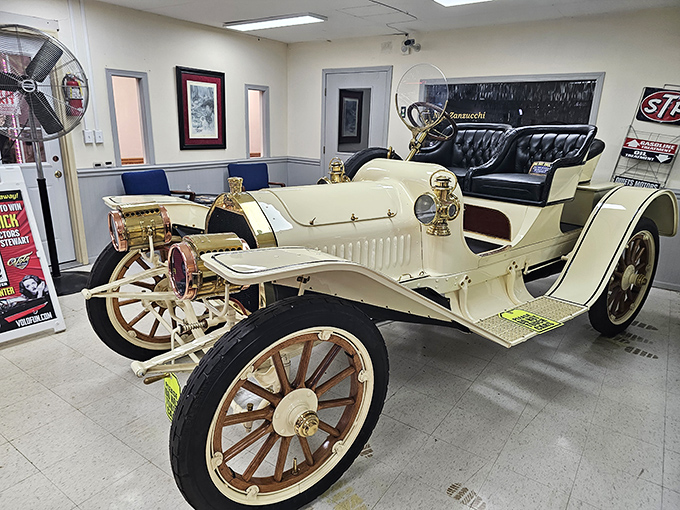 Automotive evolution captured in white: this vintage beauty shows how cars were once handcrafted works of art rather than mass-produced transportation.