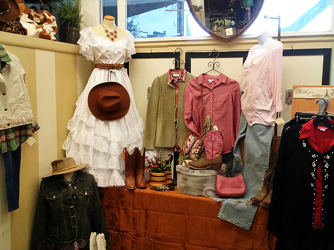 The vintage fashion corner feels like stepping into a time machine, complete with prairie dress and coordinating accessories.