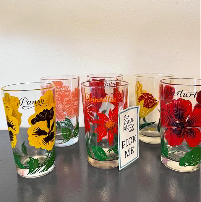 Vintage floral glasses that would make your grandmother swoon and your hipster nephew ask if you'd consider selling them to him.