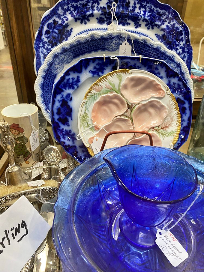 Cobalt blue glassware catching light like sapphires. Depression glass that ironically brings nothing but joy to collectors.