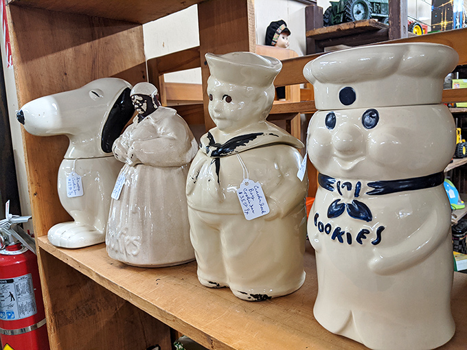 Cookie jars with personality! That sailor might judge your midnight snacking, but the Pillsbury Doughboy definitely approves.