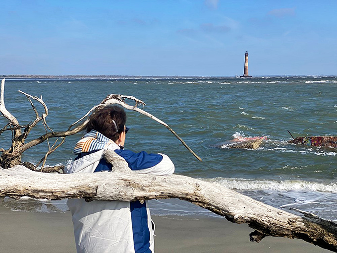 A visitor finds the perfect driftwood perch for lighthouse gazing&mdash;sometimes the best theater seats are made by nature.