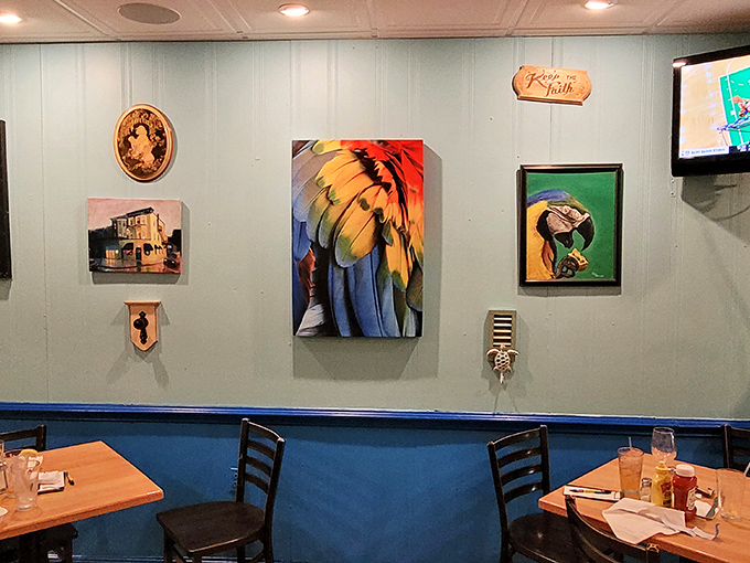 The parrot motif continues inside with colorful artwork that says, "Yes, we're serious about food, but not about much else."