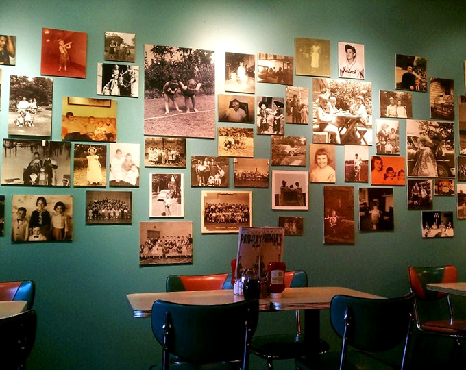 Wall decor tells a thousand breakfast stories, each photo and postcard a love letter to morning meals done right.
