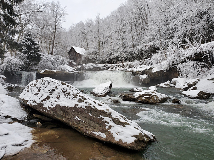 Winter transforms the mill into something from a Currier and Ives print&mdash;proof that some places become more magical under snow's blanket.