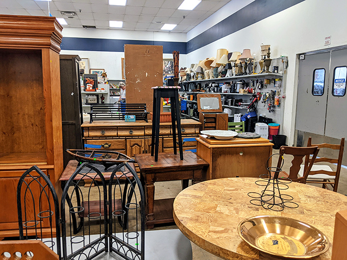 The furniture section resembles a time-traveling living room showroom, where solid wood pieces from various decades mingle in suspended animation.