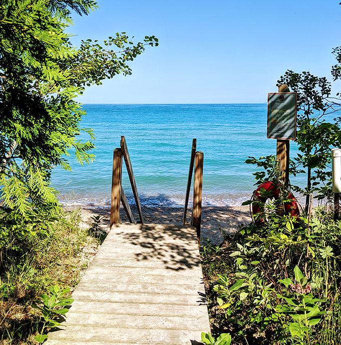 This wooden walkway isn't just an entrance—it's nature's red carpet, rolling out to the main attraction: unfiltered Great Lakes splendor.